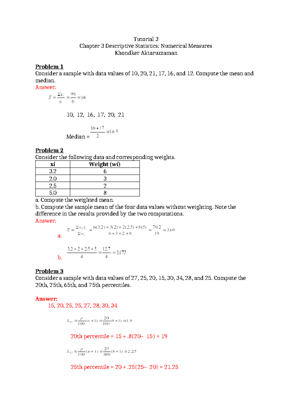 Tutorial 3 Solution - DON;T HAVE - Tutorial 3 Chapter 3 Descriptive Statistics: Numerical ...