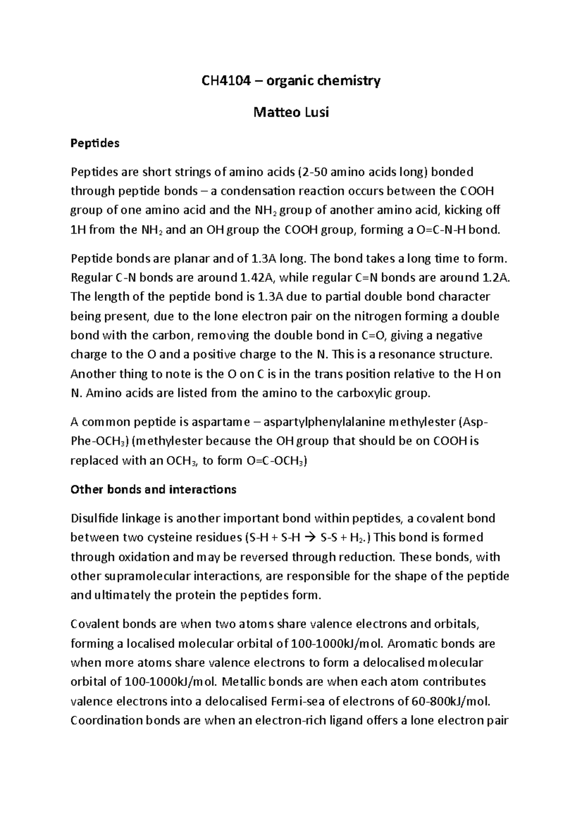 Lecture 7 (video) - CH4104 – organic chemistry Matteo Lusi Peptides ...