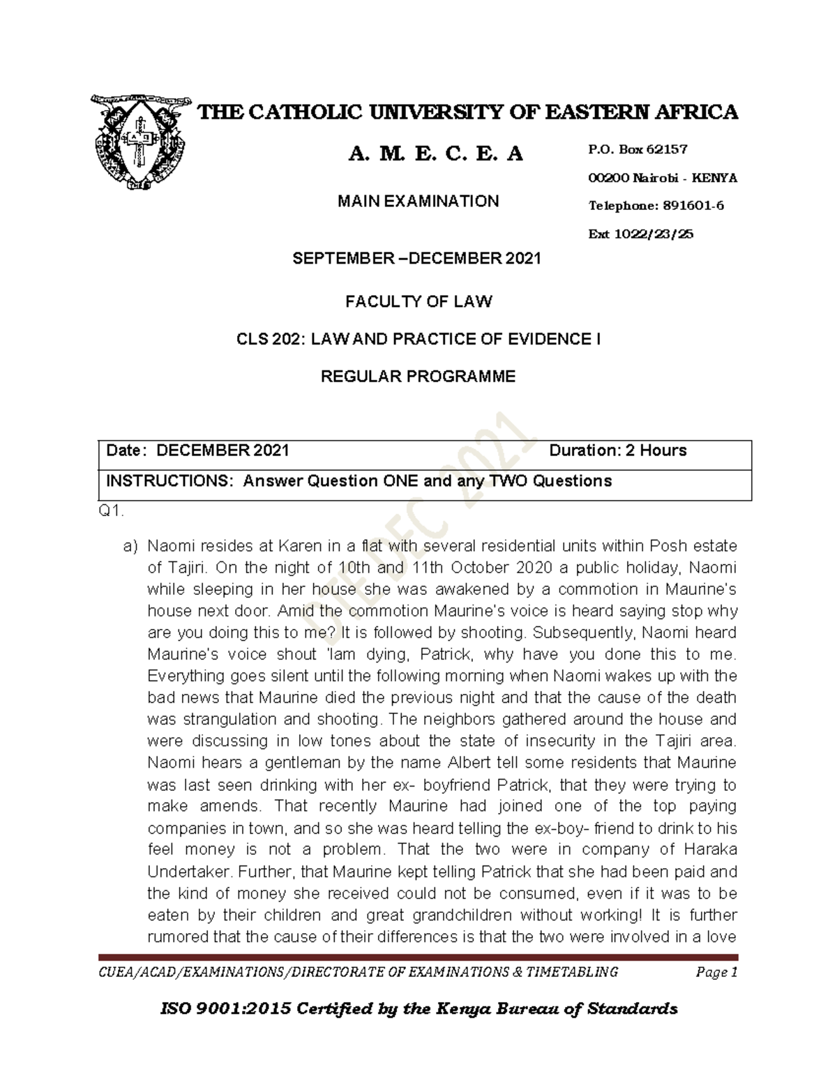 CLS 202 - questions - THE CATHOLIC UNIVERSITY OF EASTERN AFRICA MAIN ...