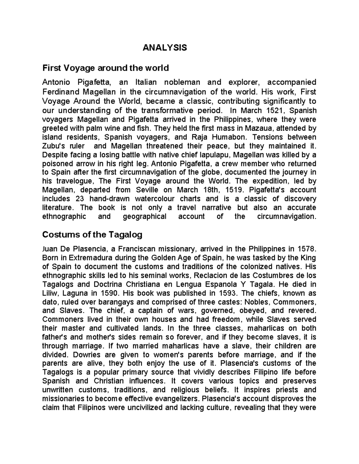 Analysis - ANALYSIS First Voyage around the world Antonio Pigafetta, an ...