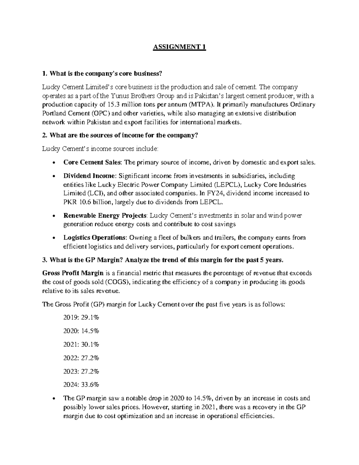CFR Assignment 1 Group 11 - ASSIGNMENT 1 What is the company's core business? Lucky Cement ...
