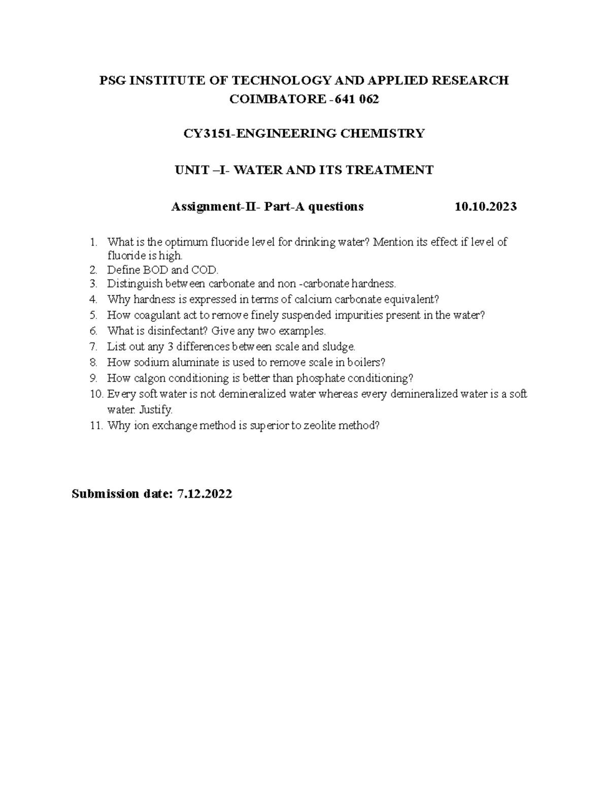 Ass-2 Unit I - PSG INSTITUTE OF TECHNOLOGY AND APPLIED RESEARCH COIMBATORE -641 062 - Studocu