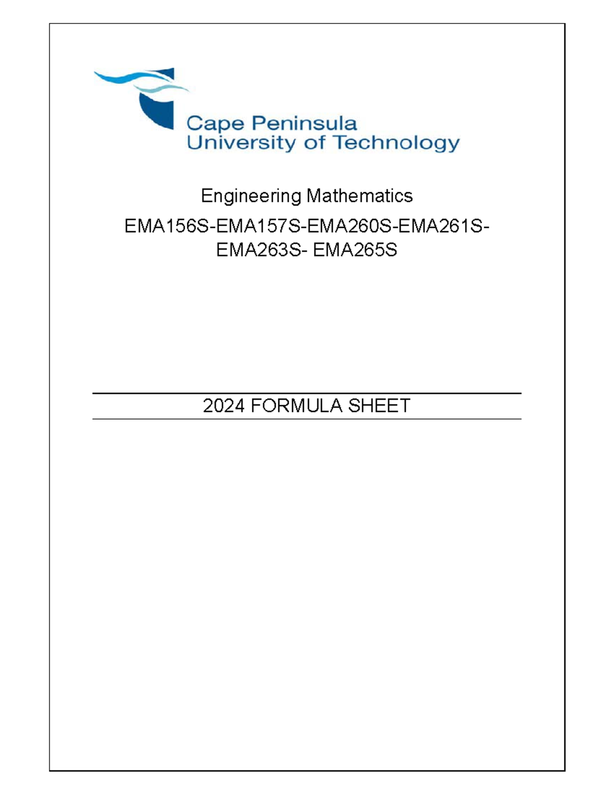 2024 Formula Sheet - Engineering Mathematics EMA156S-EMA157S-EMA260S ...