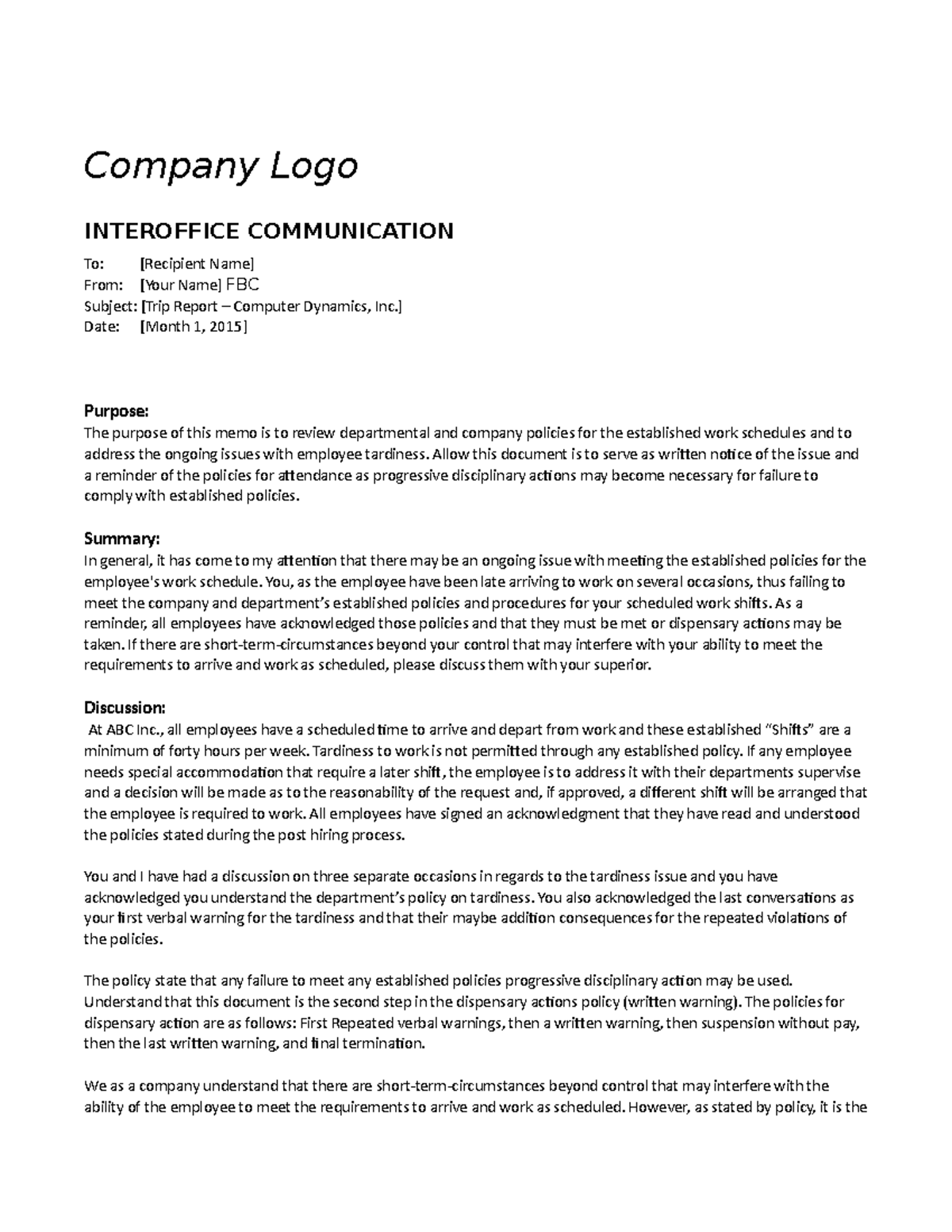 How to Write a Formal Memo - Assignment - Company Logo INTEROFFICE ...