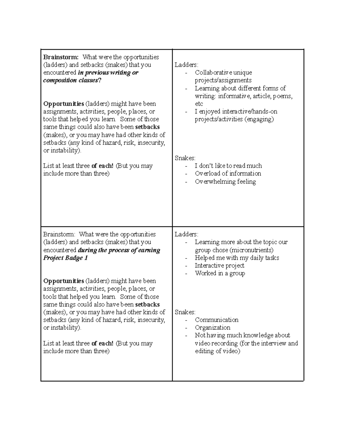 “Snakes and Ladders” Letter - Brainstorm: What were the opportunities ...
