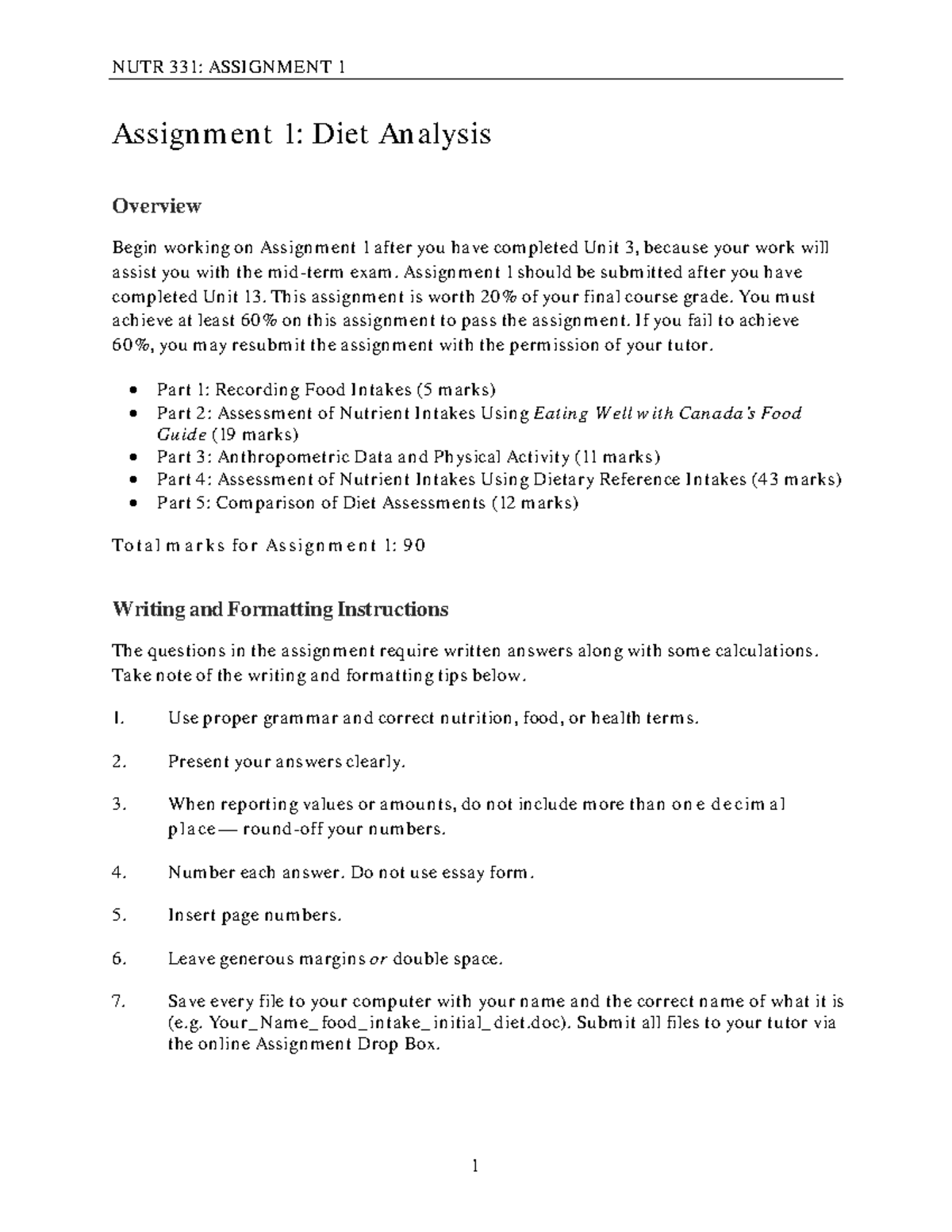 Assignment 1 updated - NUTR 331: ASSIGNMENT 1 Assignment 1: Diet ...