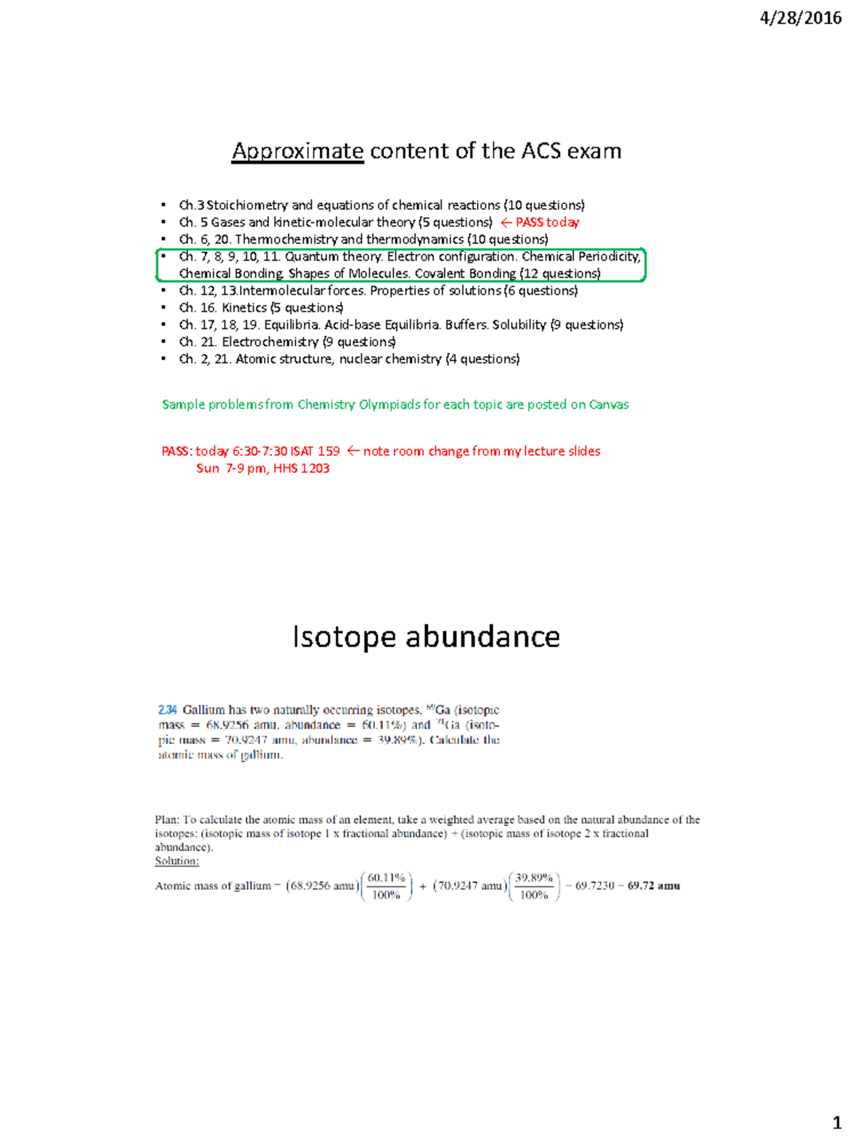 Final exam review - Approximate content of the ACS exam Ch ...