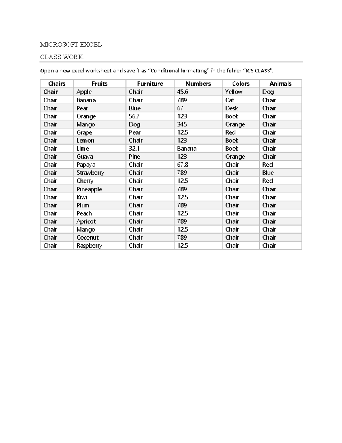 Microsoft Excel 1 - MICROSOFT EXCEL CLASS WORK Open a new excel ...
