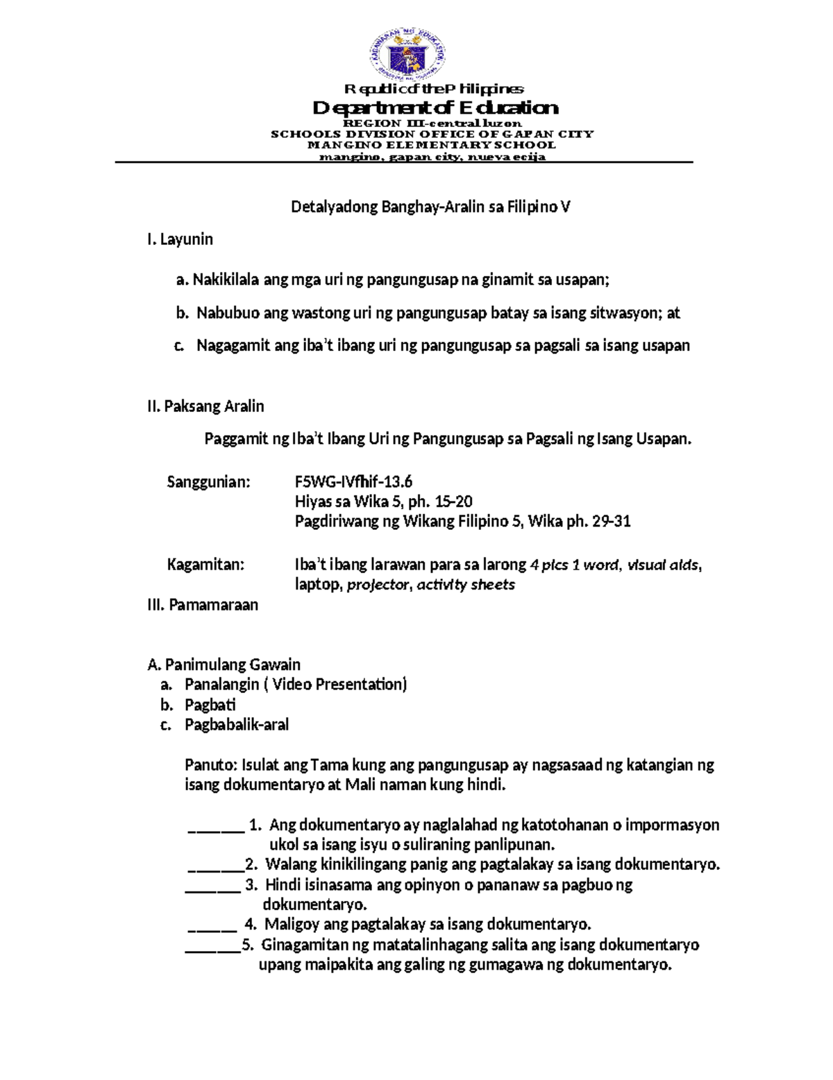 Lesson-Plan-in-Filipino 5 - Republicof theP hilippines Department of ...