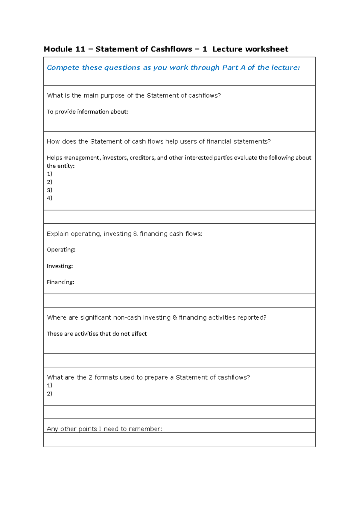 Module 11 Lecture worksheet - Module 11 – Statement of Cashflows – 1 Lecture worksheet Compete ...