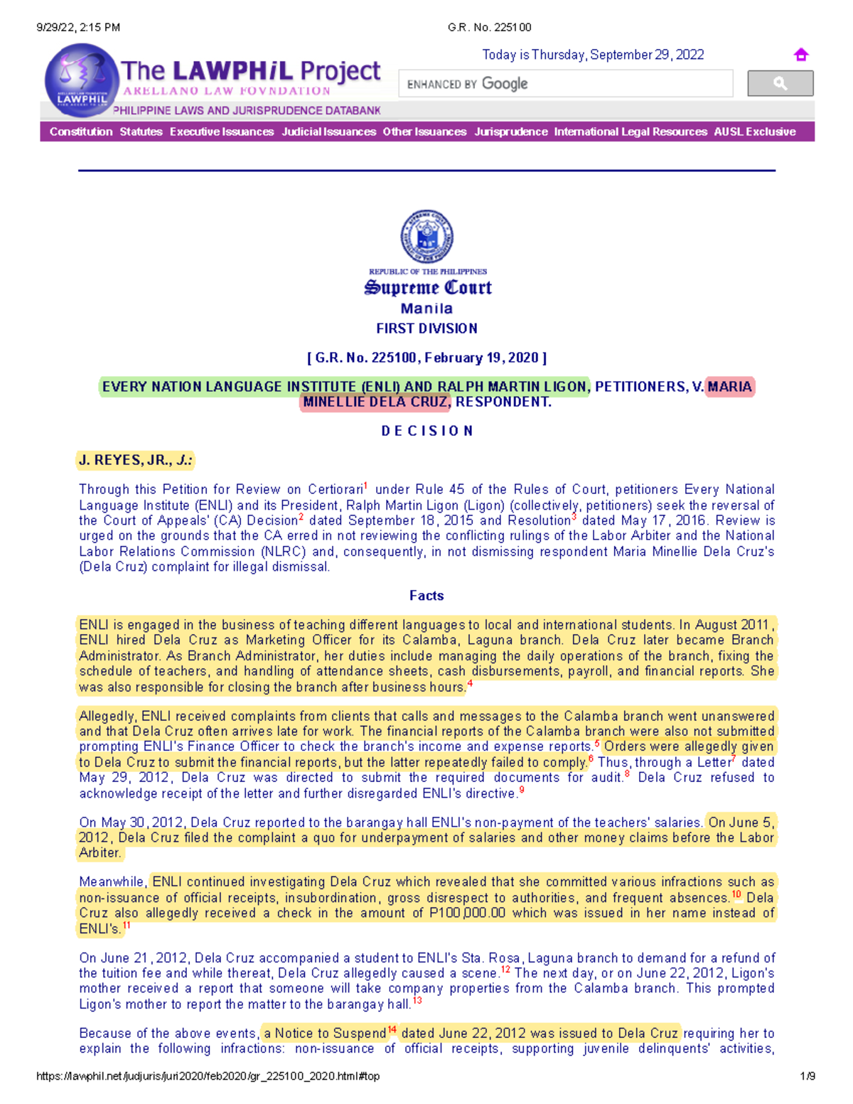G.R. No. 225100 - ENLI, et. al. v. Maria Minelli Dela Cruz ...