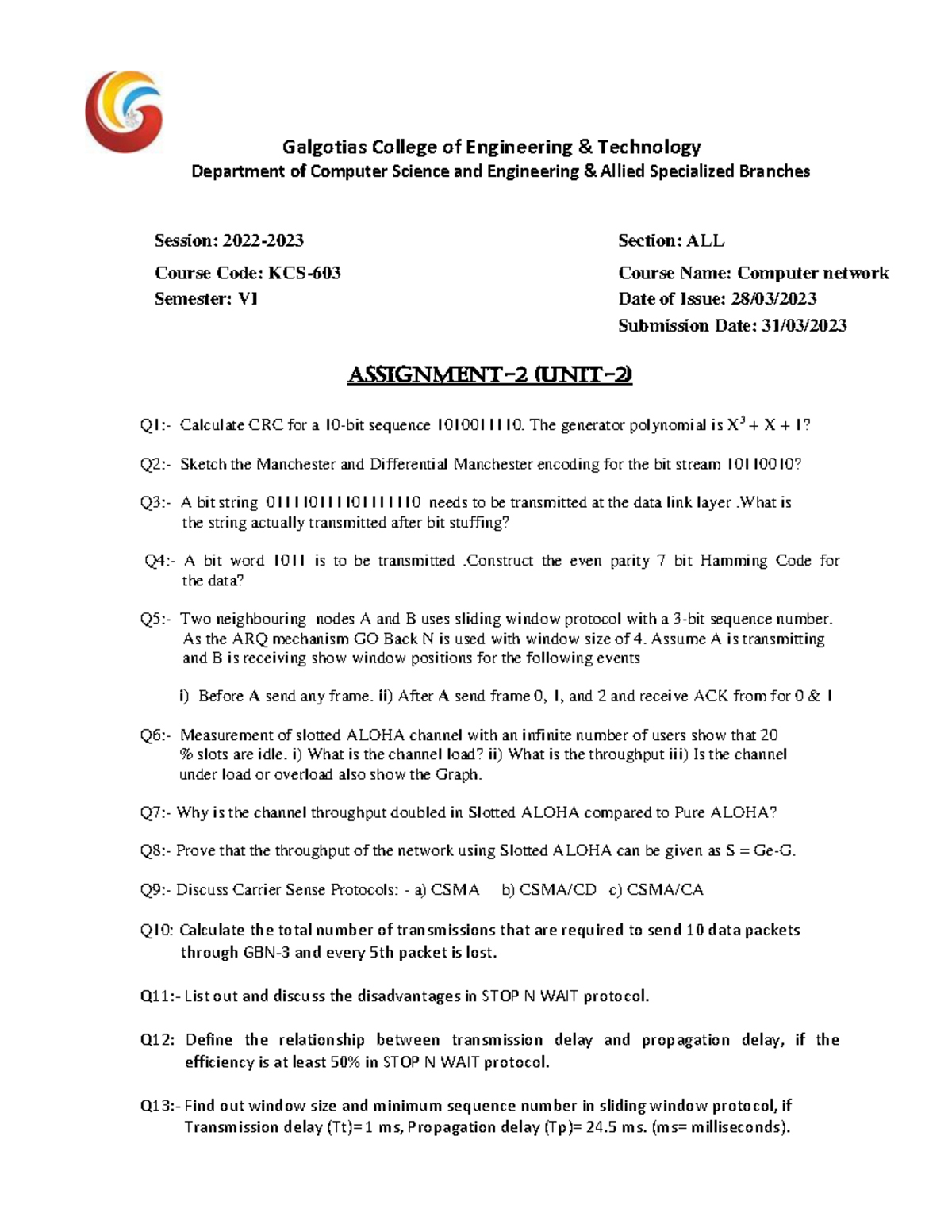 Assignment 2unit 2 Cn Galgotias College Of Engineering And Technology Department Of Computer