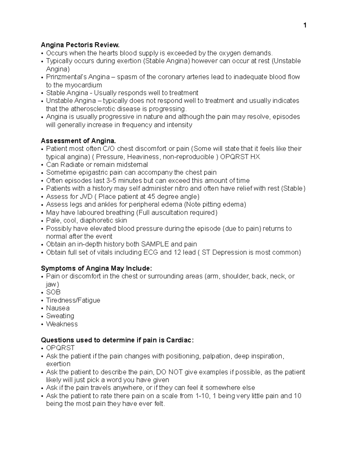 Cardiac Emergencies - Angina, MI, SAMPLE OPQRST - Angina Pectoris ...