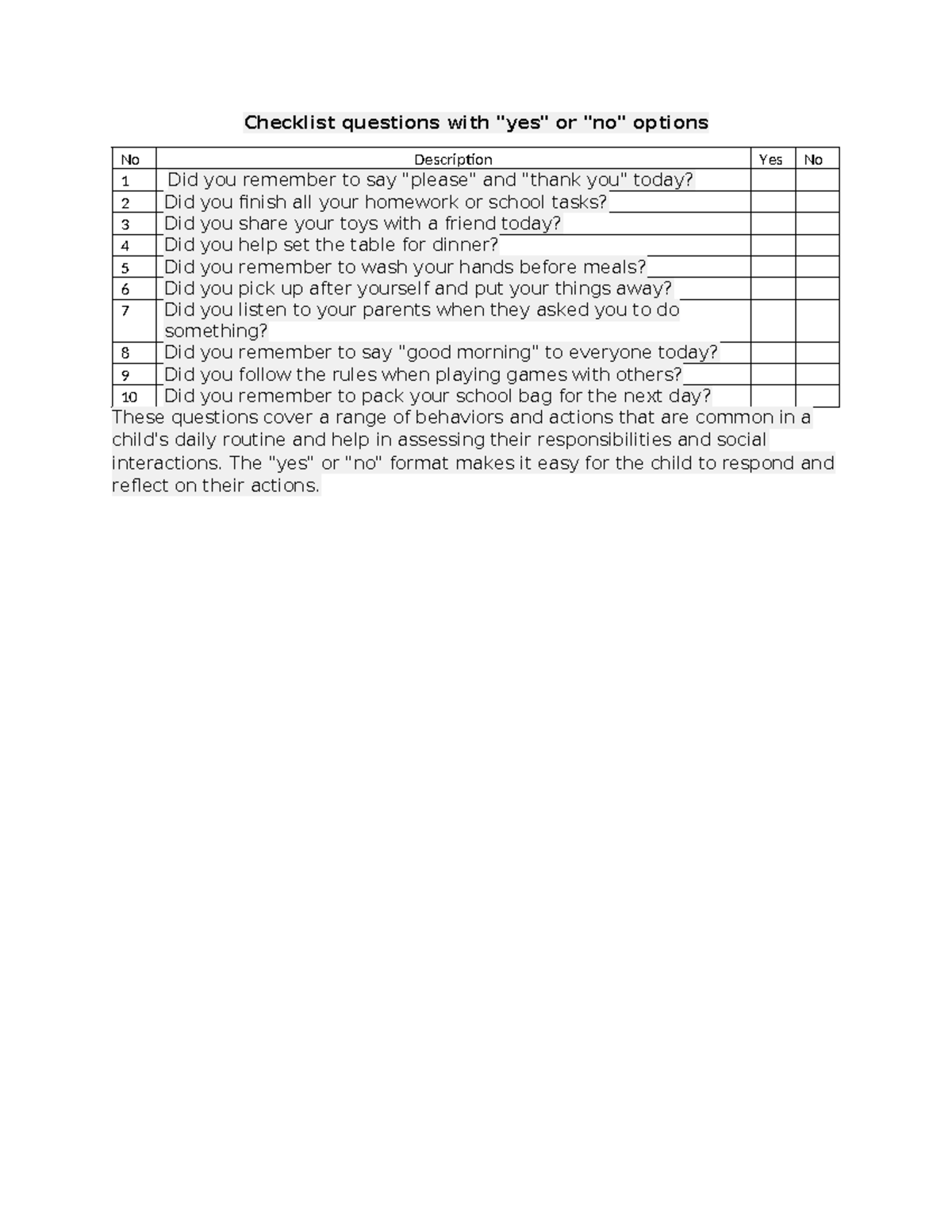 Checklist-questions-with - Checklist questions with "yes" or "no ...