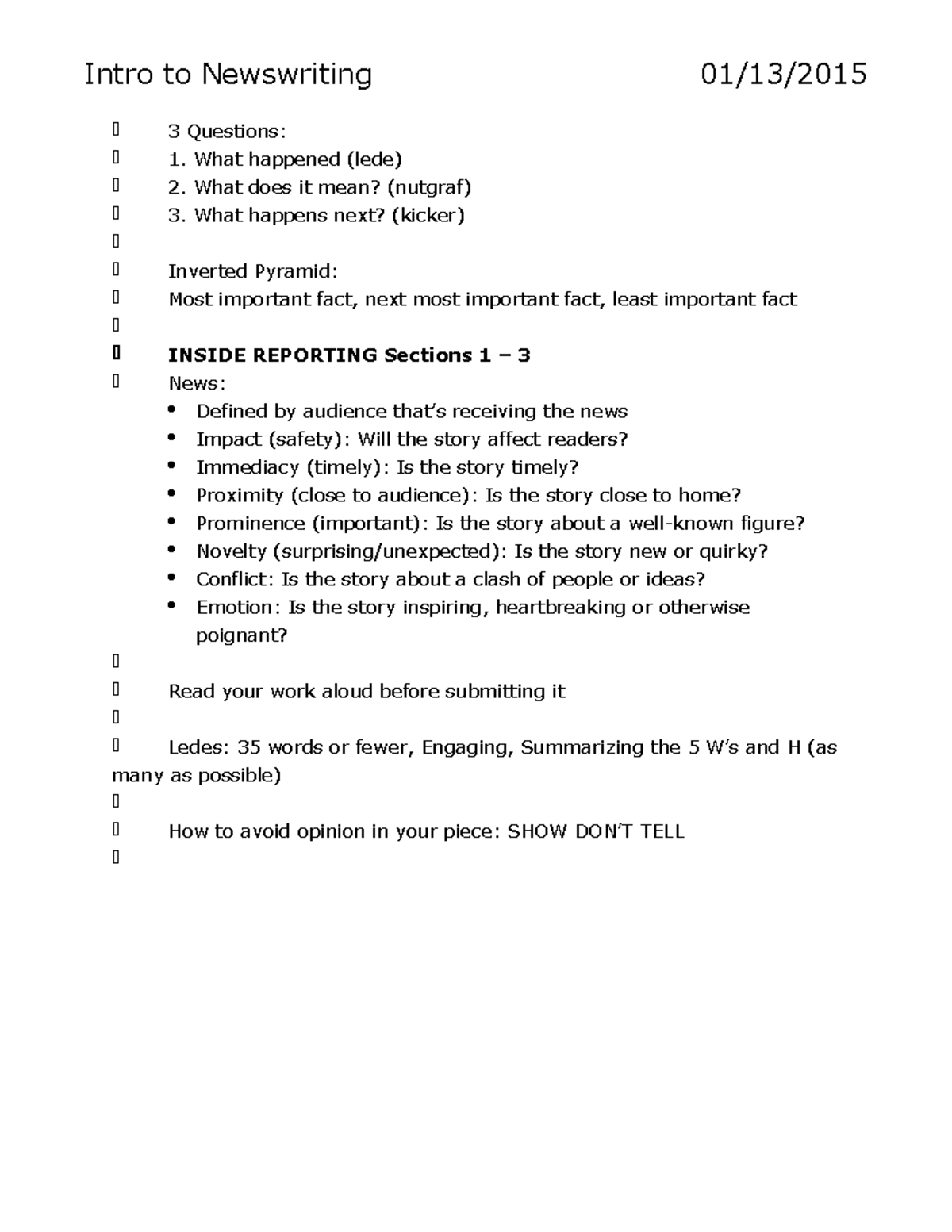 Newswriting Notes - Intro to Newswriting 01/13/2015 3 Questions: 1 ...