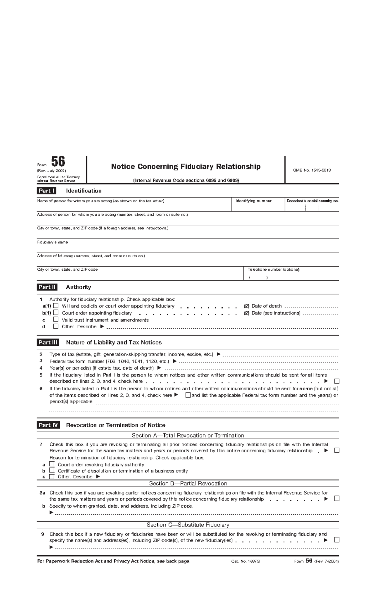 IRSForm 56 - Secured Party Creditor - Form 56 (Rev. July 2004) Notice ...
