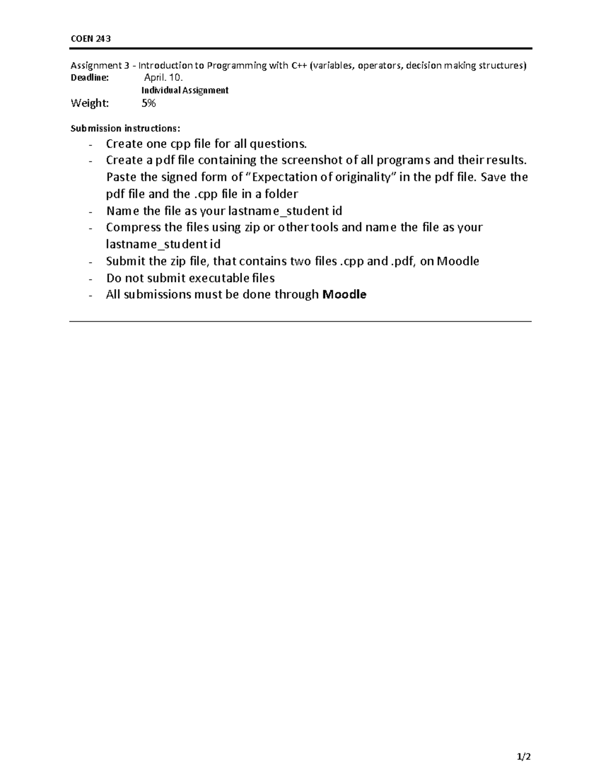 Assignment 3 Winter 2023 - COEN 243 1/ Assignment 3 - Introduction to Programming with C++ - Studocu