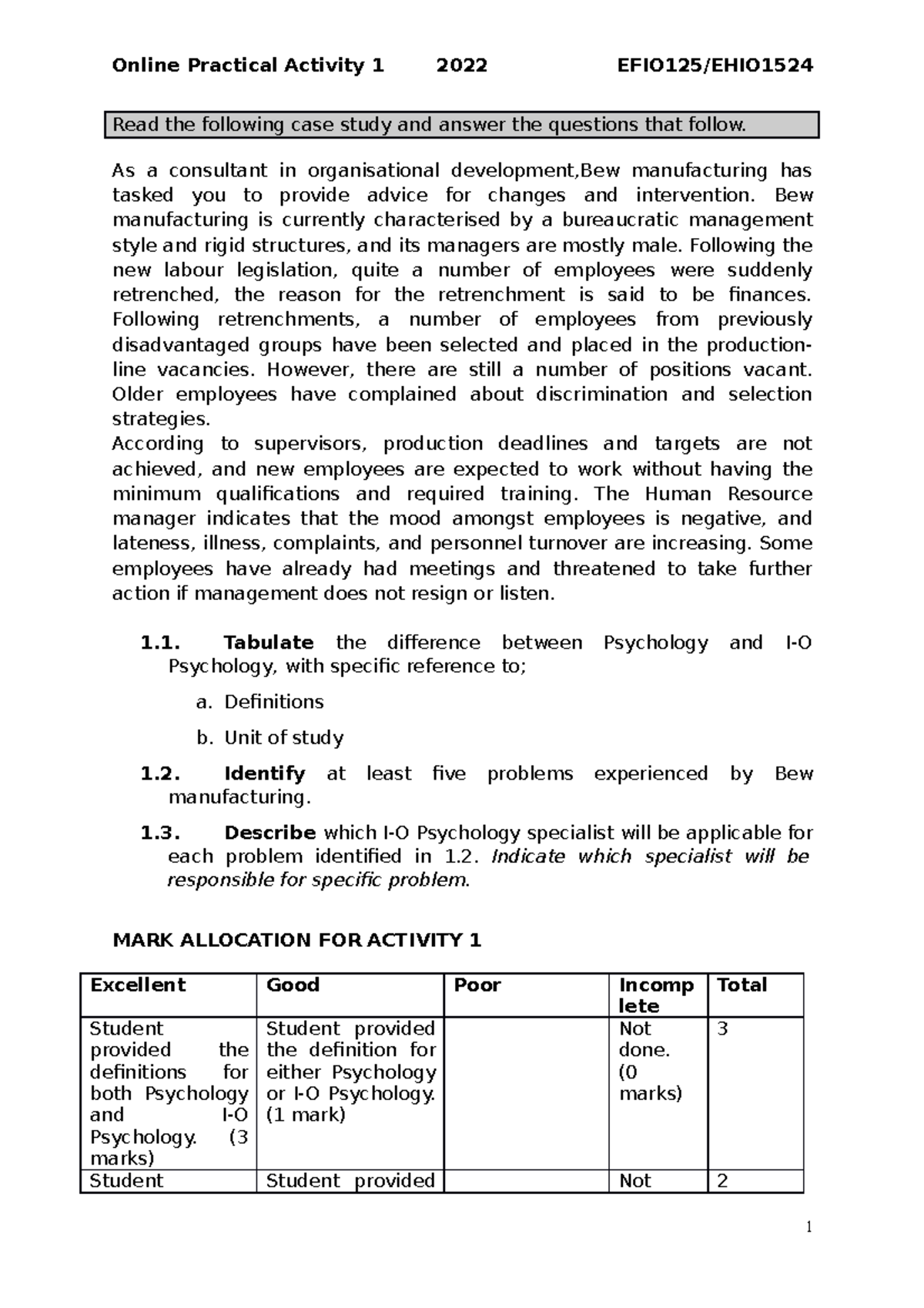 Online Practical Activity 1 - As a consultant in organisational ...