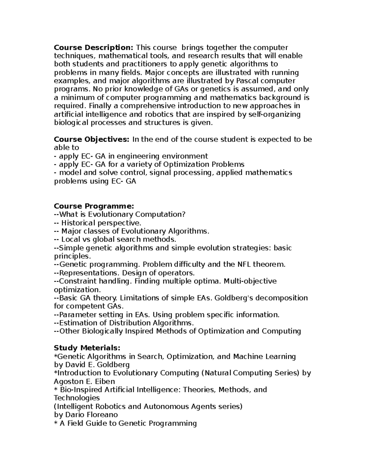 Genetic Algorithm Review - Course Description: This course brings ...