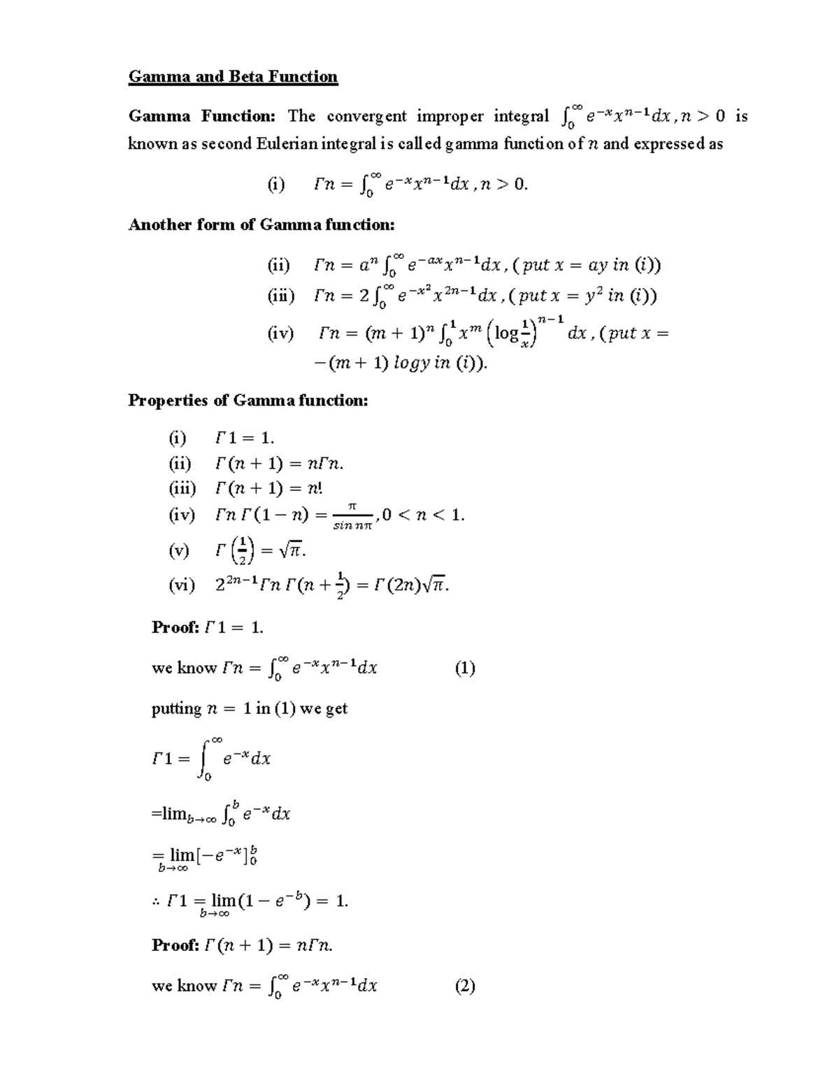 Gamma Beta function - EFFECTIVE NOTES - Gamma and Beta Function Gamma ...