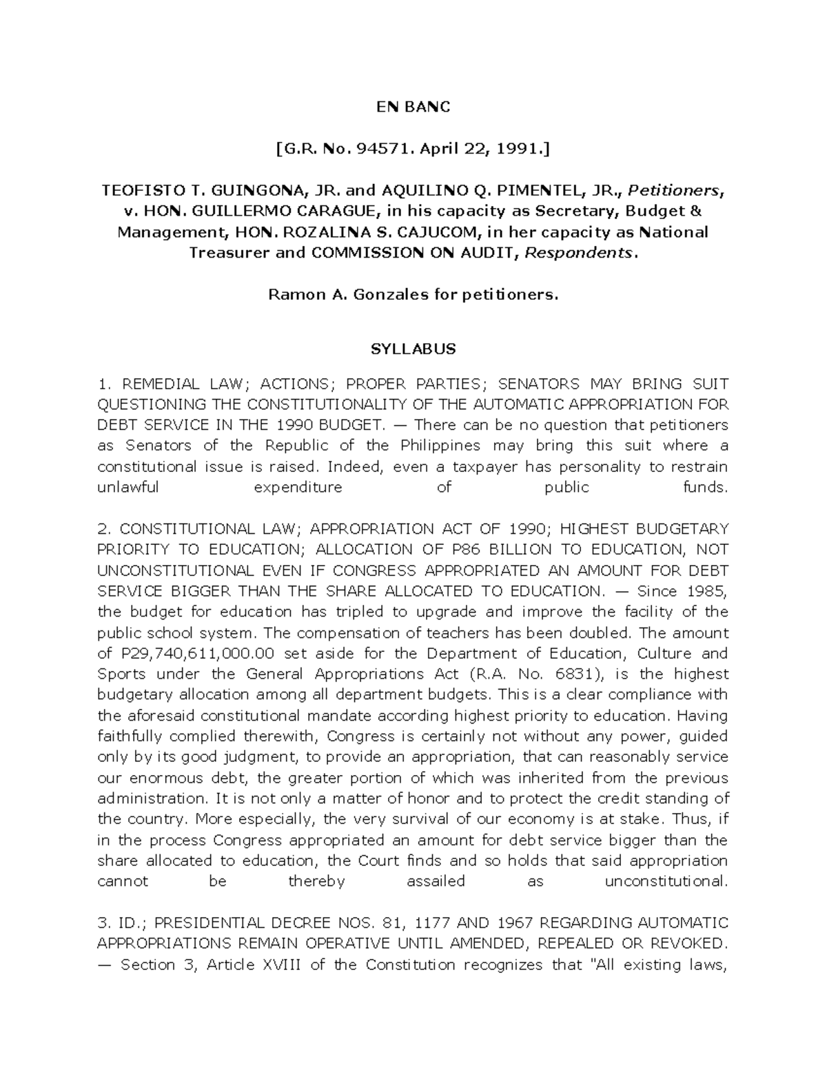 19. Guingona vs. Carague Case - EN BANC [G. No. 94571. April 22, 1991 ...