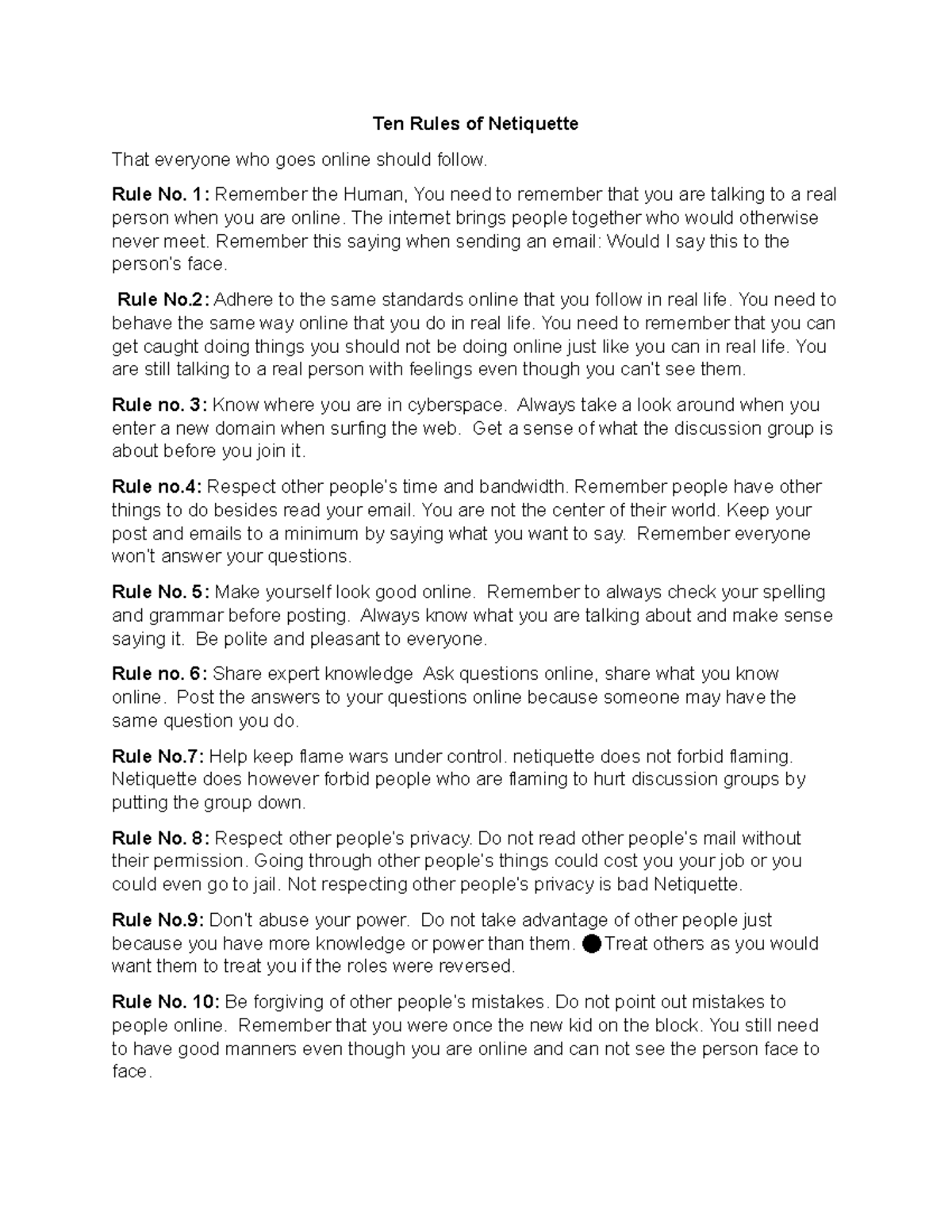 Ten Rules of Netiquette - Business Administration - Studocu