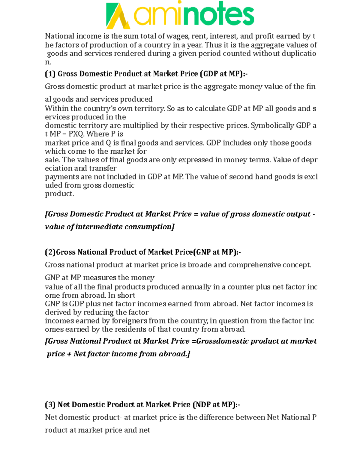 GDP LECTURE NOTES - National income is the sum total of wages, rent ...