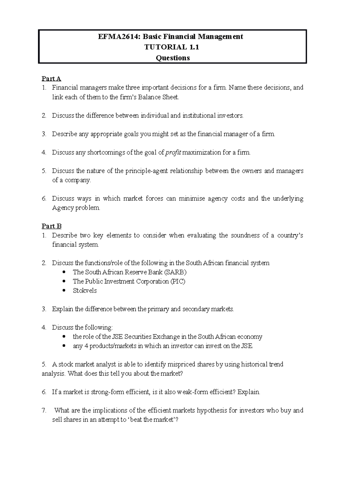 Tutorial 1.1 Questions - EFMA2614: Basic Financial Management TUTORIAL ...