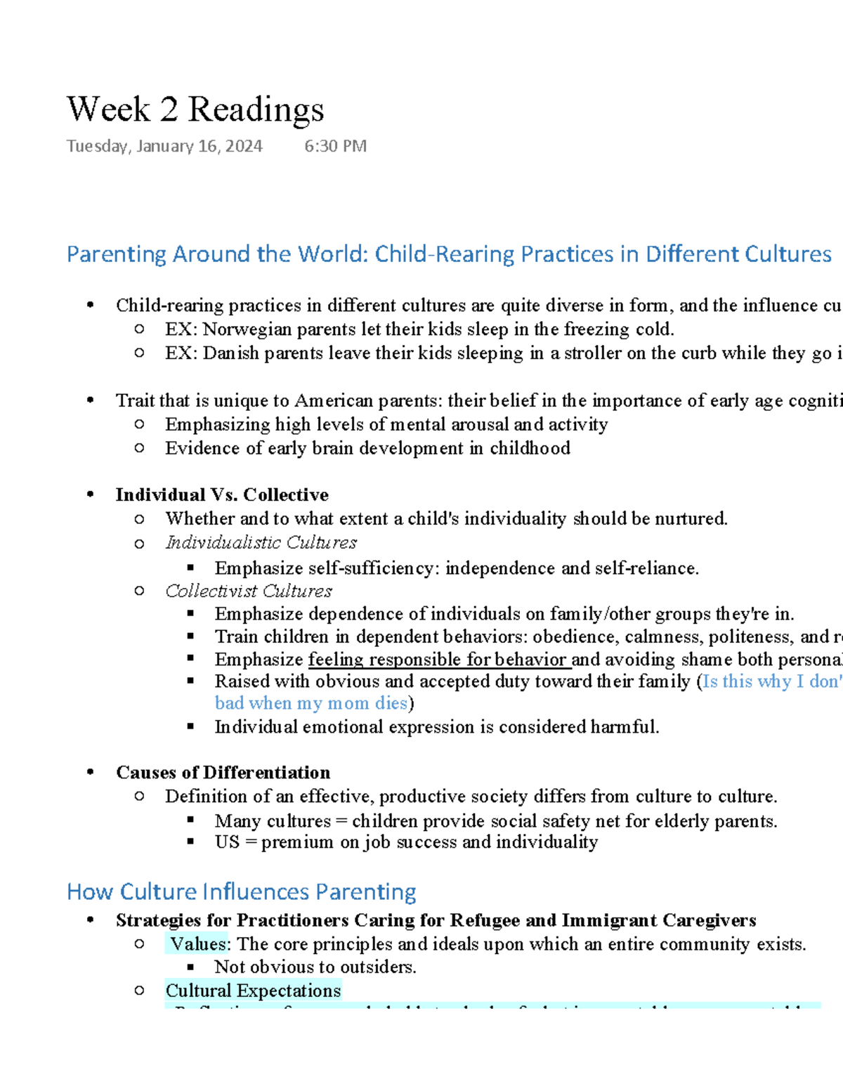 CAST 302 Week 2 Reading Notes - Parenting Around the World: Child ...