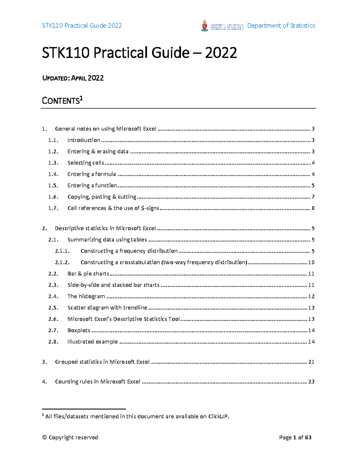 STK110 - Practical Guide - 2023 - CONTENTS STK110 Practical Guide ...