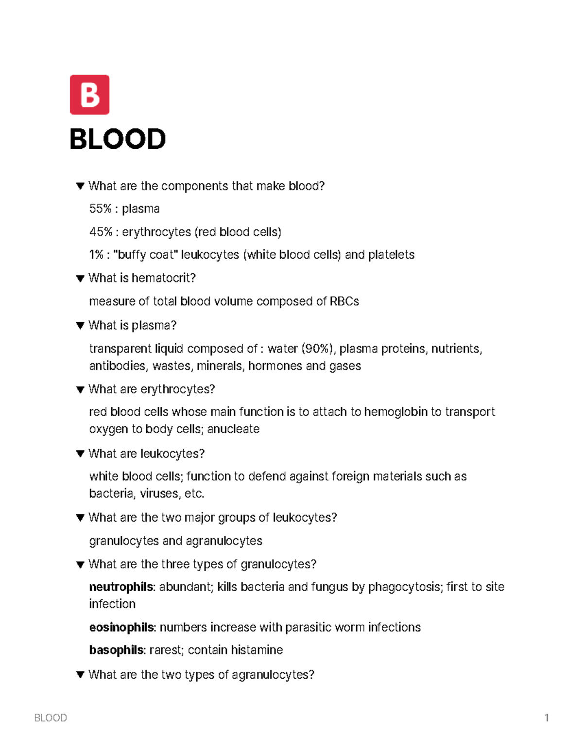 Blood Chapter 10 Sample Questions BLOOD 1 BLOOD What Are The