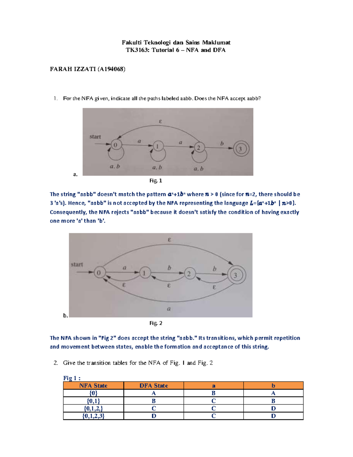 A194068 06 TK3163 Tutorial 6 - NFA to DFA - Fakulti Teknologi dan Sains Maklumat TK3163 ...