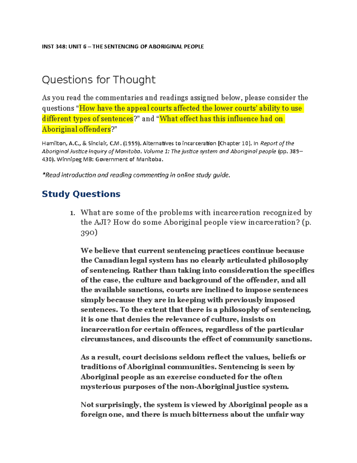 INST Unit 6 Study - INST 348: UNIT 6 – THE SENTENCING OF ABORIGINAL ...