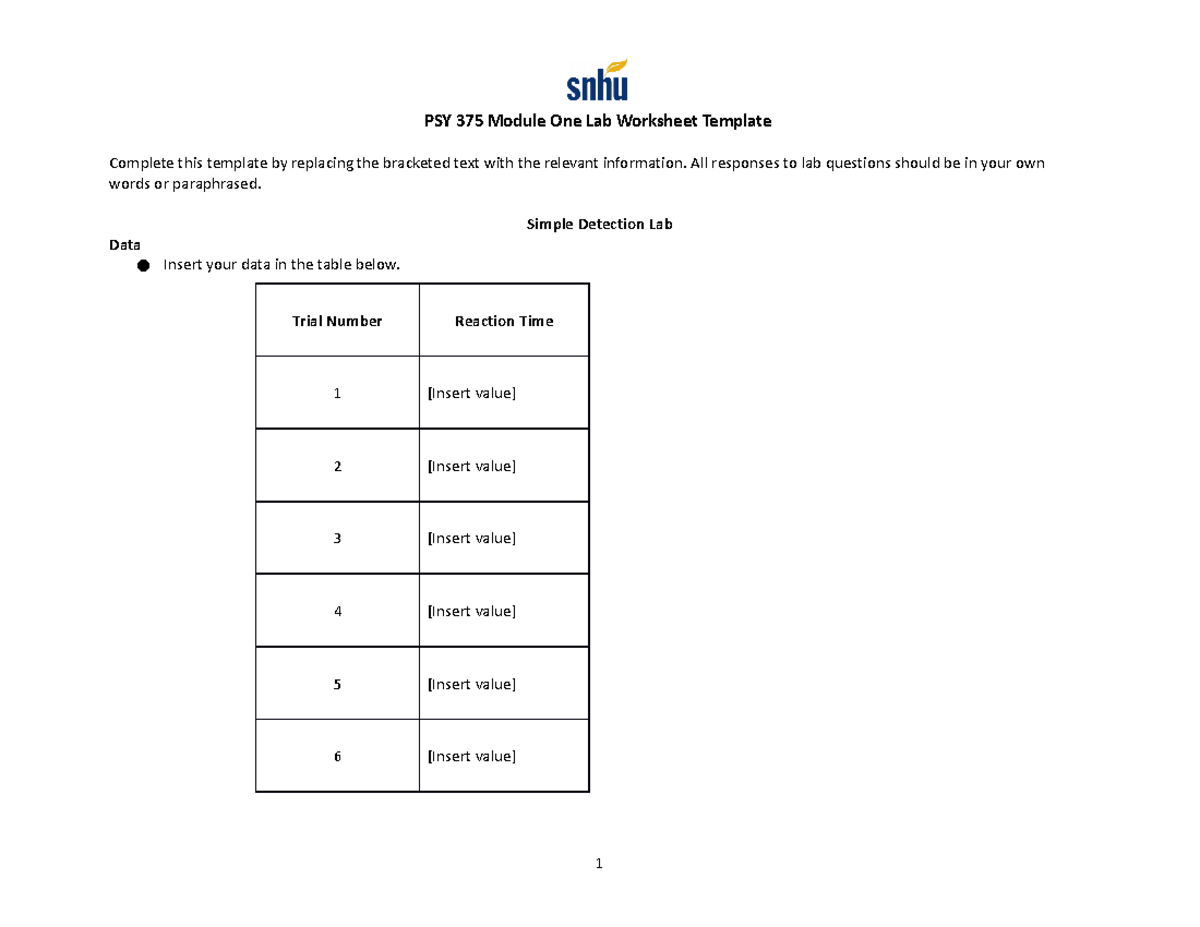 PSY 375 Module One Lab Worksheet Template - PSY 375 Module One Lab ...