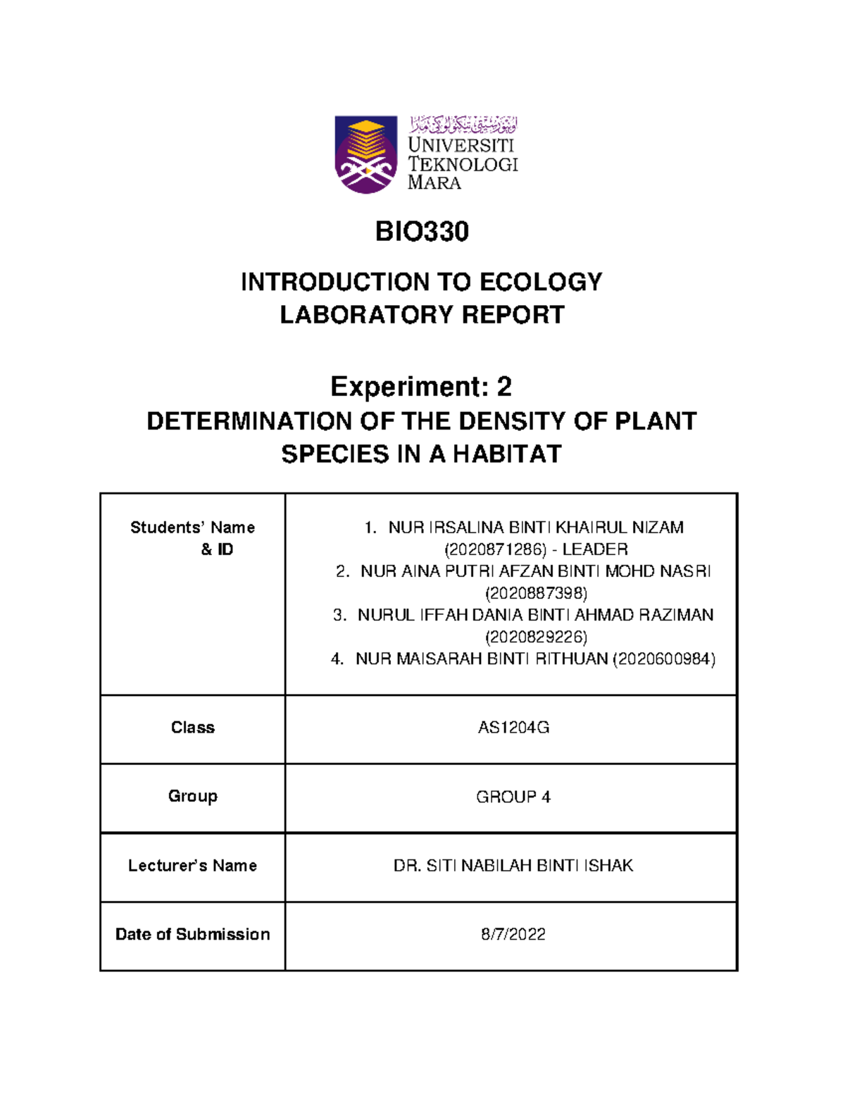 BIO330 Group 4 Experiment Plant Density - BIO INTRODUCTION TO ECOLOGY ...