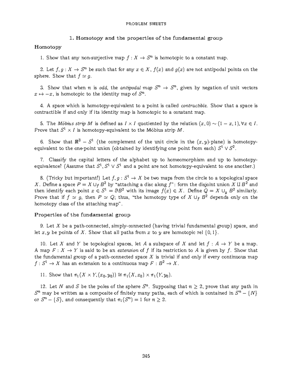 Problem sheet 1 - Topology - problem sheets Homotopy and the properties of the fundamental group ...