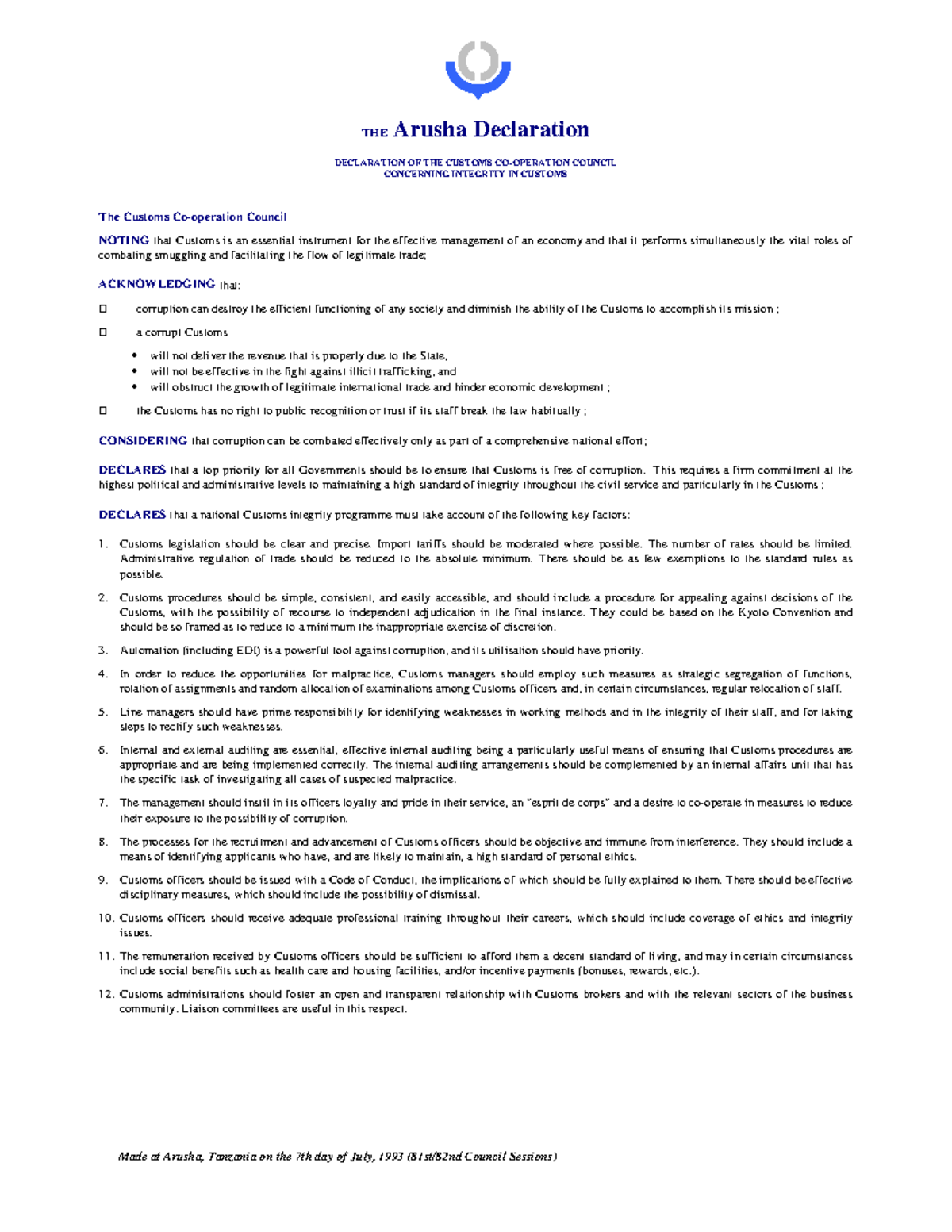 Arusha-e procedimientos aduaneros - THE Arusha Declaration DECLARATION OF THE CUSTOMS CO ...