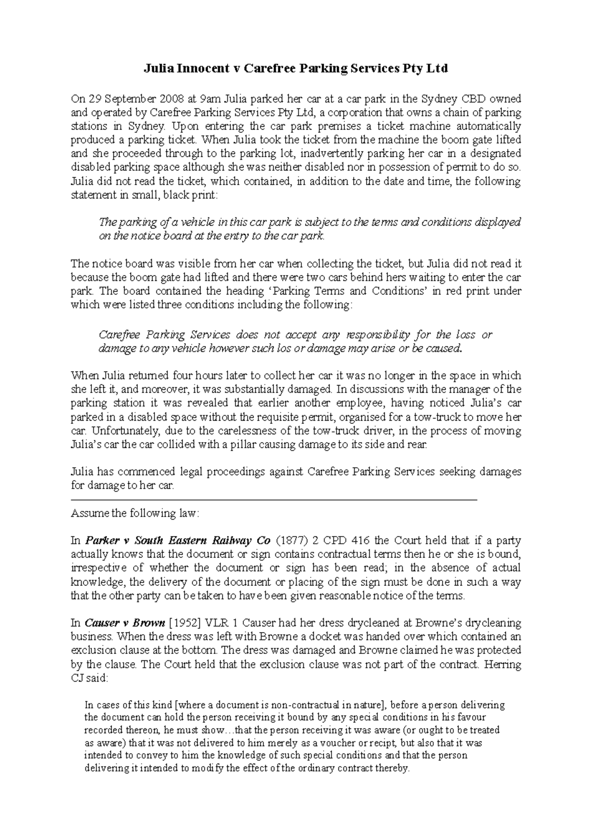 Practical - exclusion clause problem - Julia Innocent v Carefree ...