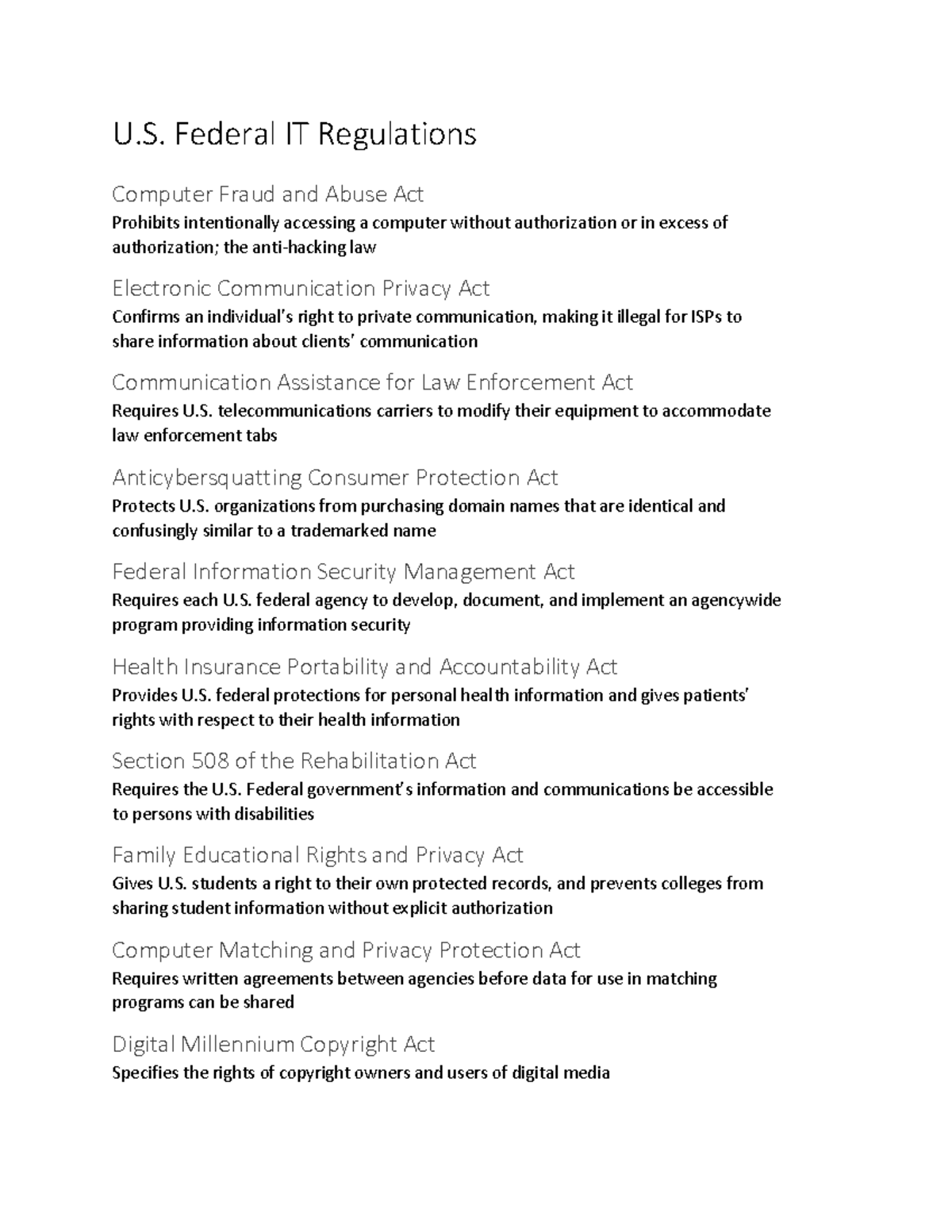 U.S. Federal IT Regulations - U. Federal IT Regulations Computer Fraud ...