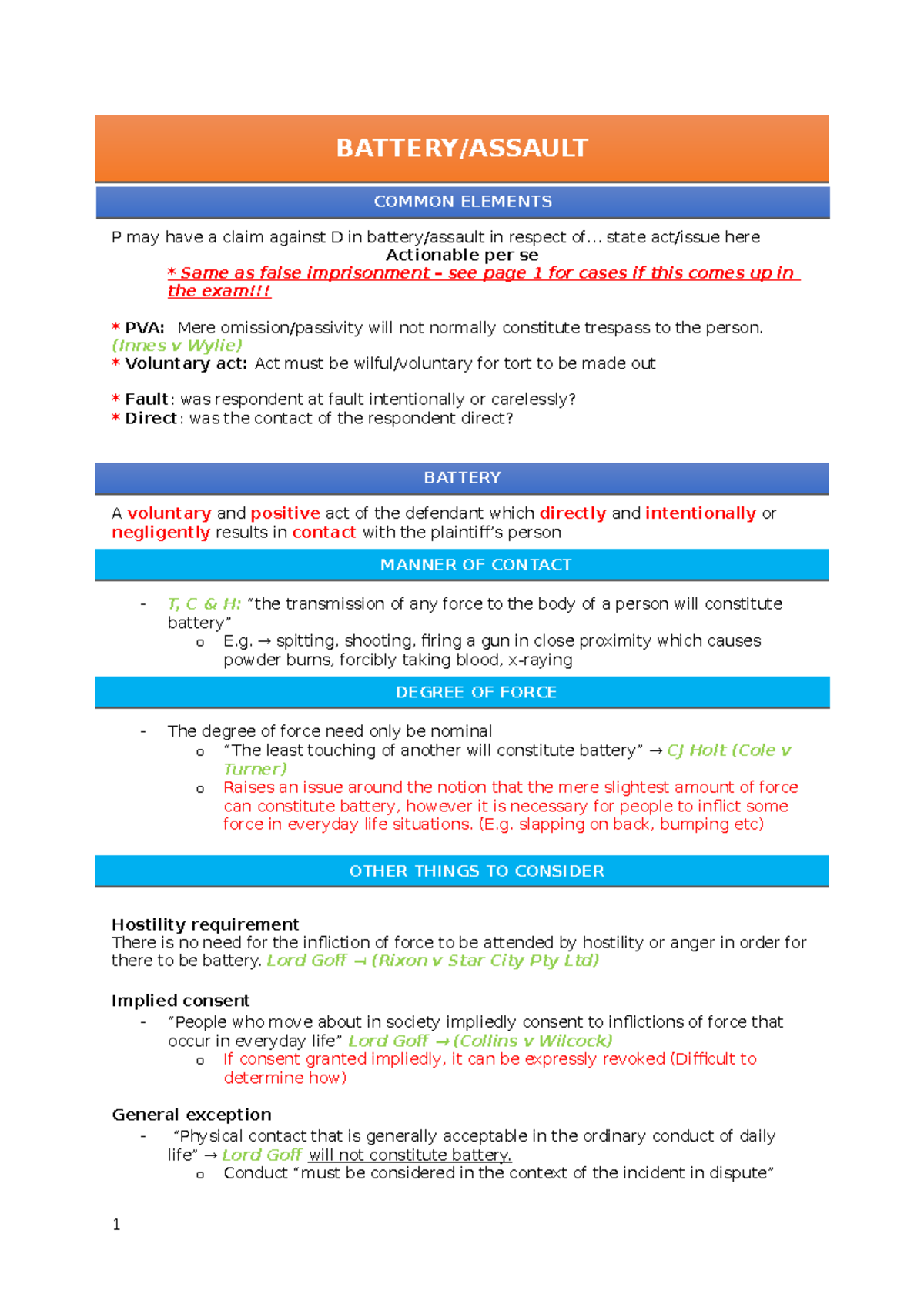 LAW1113 Torts Battery and Assault - P may have a claim against D in ...