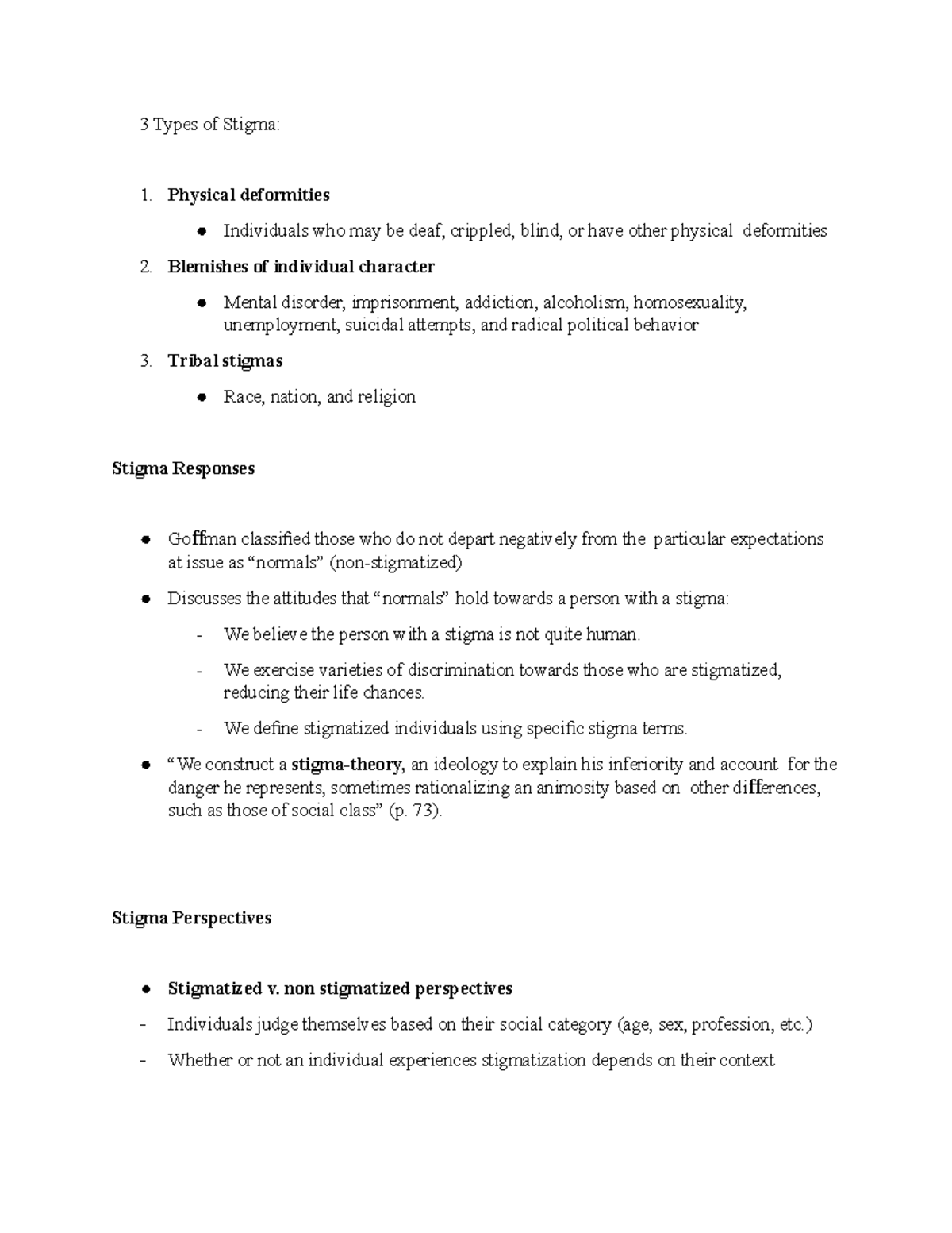 Goffman Stigma Notes Spring 22' - 3 Types of Stigma: Physical ...