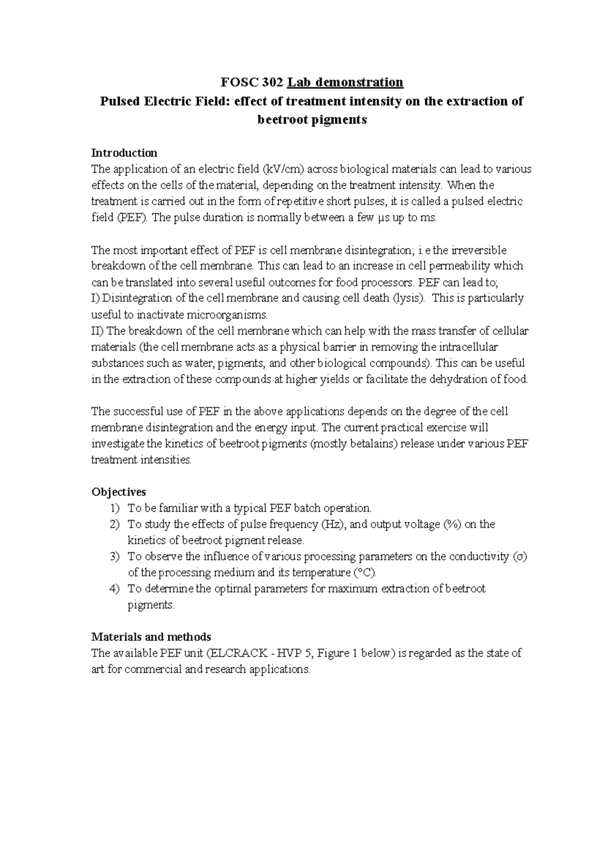 FOSC 302 Lab demonstration - FOSC 302 Lab demonstration Pulsed Electric Field: effect of ...
