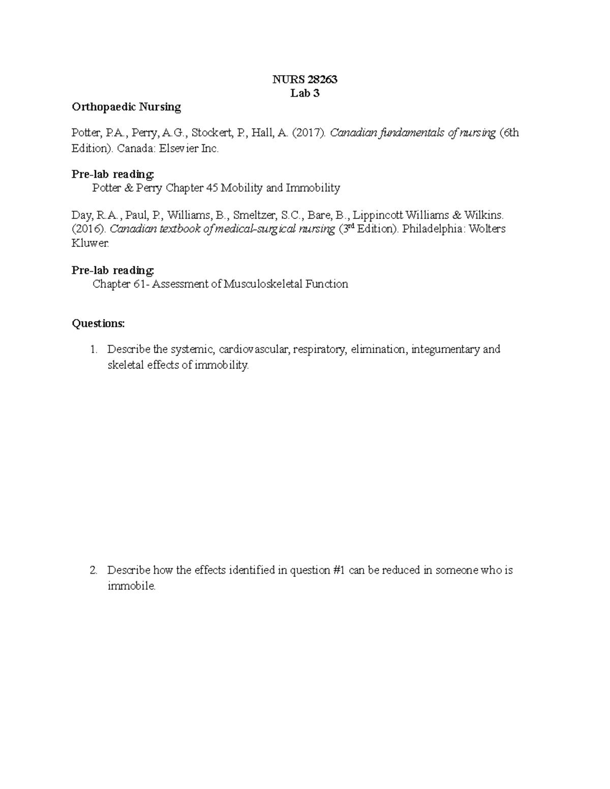 Module 4- Orthopedic Nursing Pre- Lab Reading - NURS 28263 Lab 3 ...