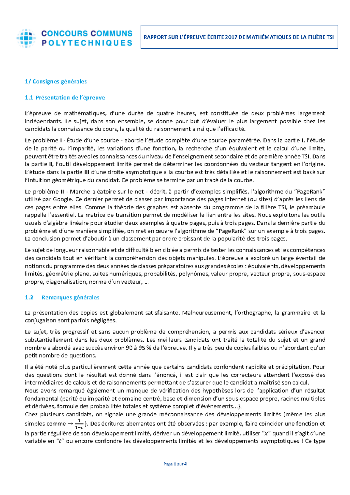 Math - Report CCP - RAPPORT SUR L’ÉPREUVE ÉCRITE 2017 DE MATHÉMATIQUES ...