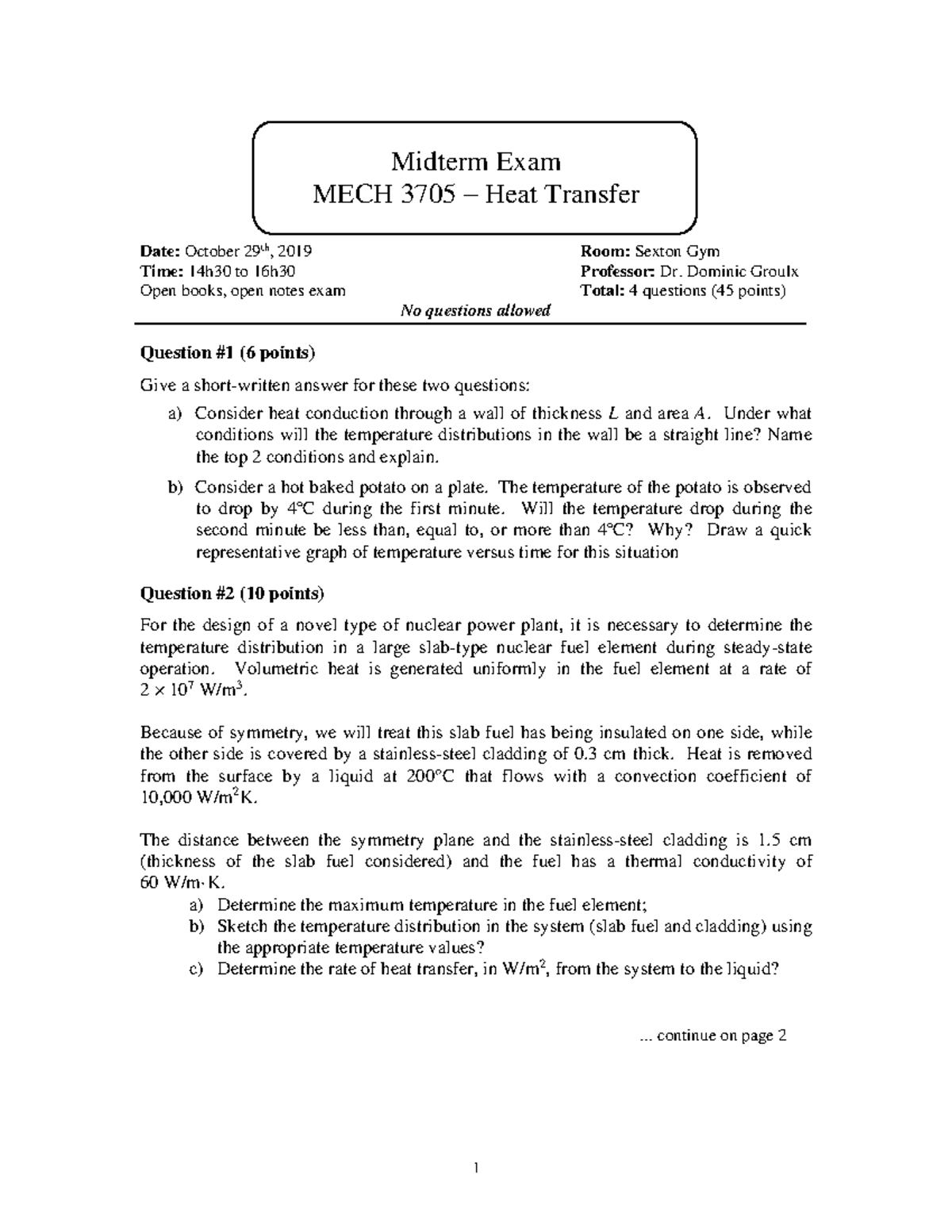Heat Transfer Midterm Exam 2019 - 1 Midterm Exam MECH 3705 – Heat ...