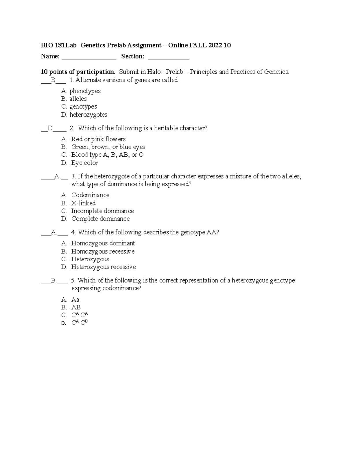 Prelab Genetics Online F22 - BIO 181Lab Genetics Prelab Assignment ...