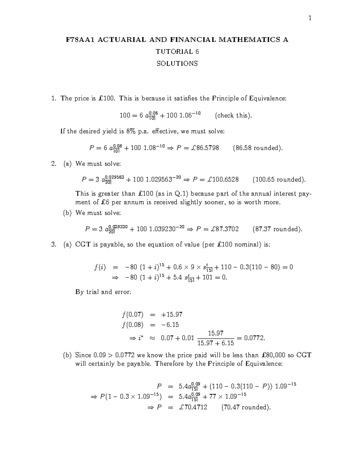 Tutorial Week 6 Solutions - F78AA1 ACTUARIAL AND FINANCIAL MATHEMATICS ...