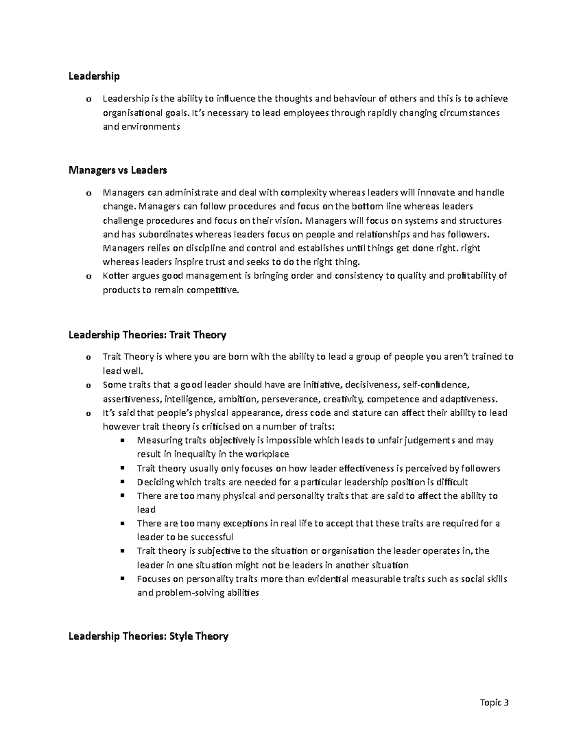 Topic 3: Leadership - Leadership o Leadership is the ability to ...