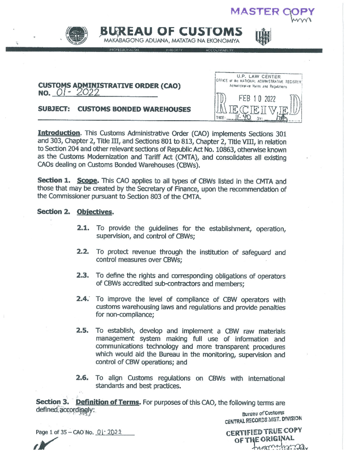 CAO 01 2022 Customs Bonded Warehouses - Bachelor of Science in Customs ...