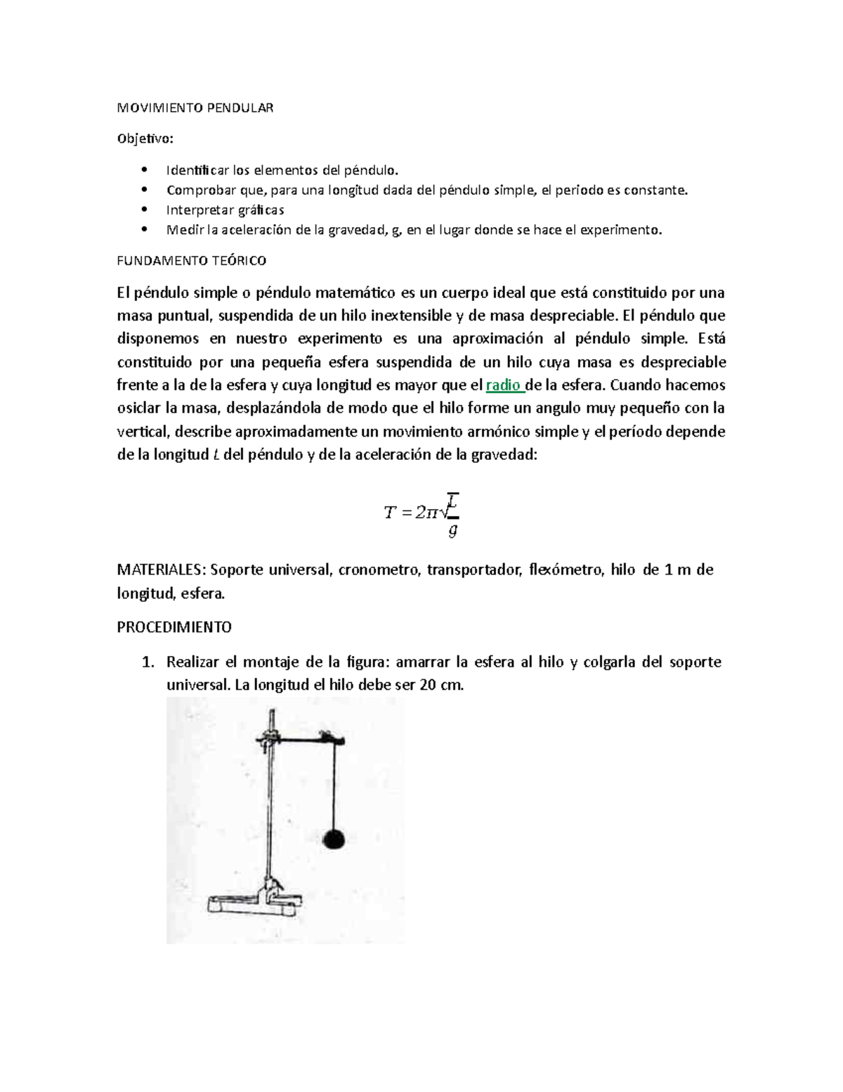 Movimiento Pendular - MOVIMIENTO PENDULAR Objetivo: Identificar los ...